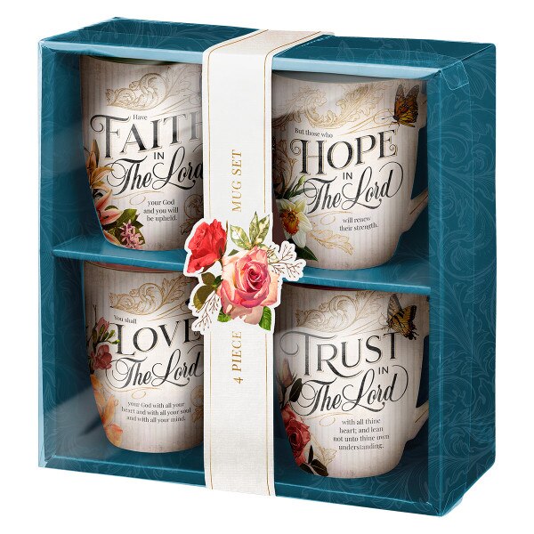 MUG SET FAITH TRUST HOPE AND LOVE FLORAL